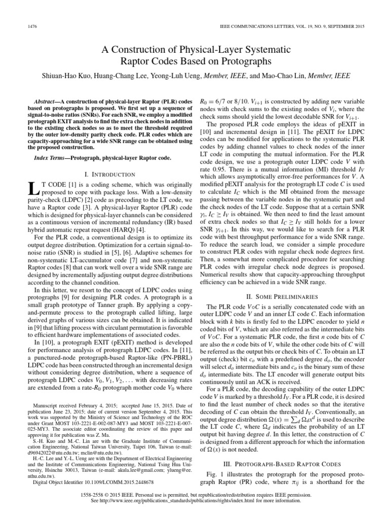 A Construction of Physical-Layer Systematic Raptor Codes Based On Protographs | PDF | Low ...