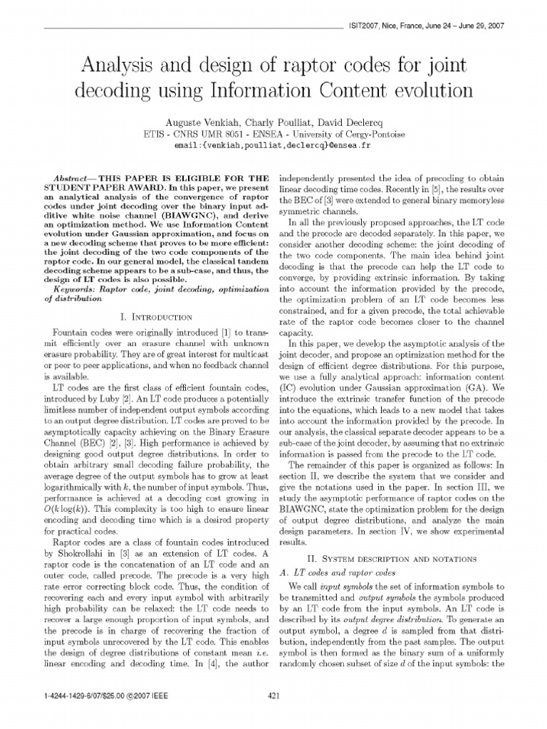 Analysis And Design Of Raptor Codes For Joint Decoding Using Information Content Evolution Pdf 