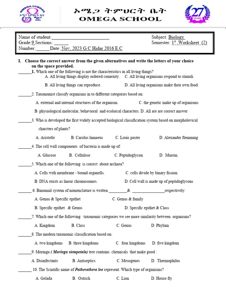 Grade 9 Biology Taxonomy Worksheet | PDF | Taxonomy (Biology) | Organisms