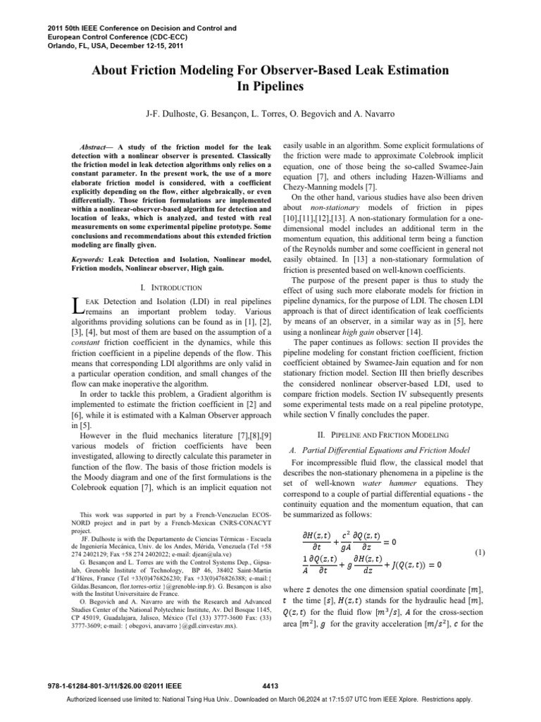 About Friction Modeling For Observer-Based Leak Estimation | PDF | Fluid Dynamics | Friction