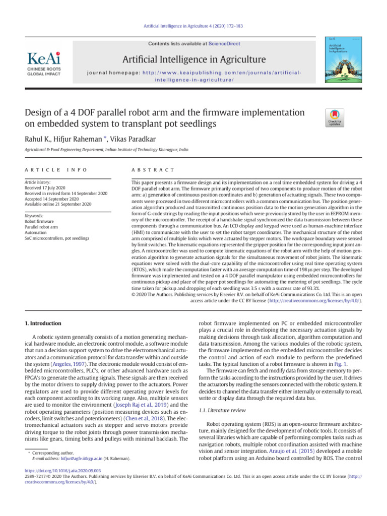 Design Of A 4 Dof Parallel Robot Arm And The Firmware 2020 Artificial Intell Pdf Robotics