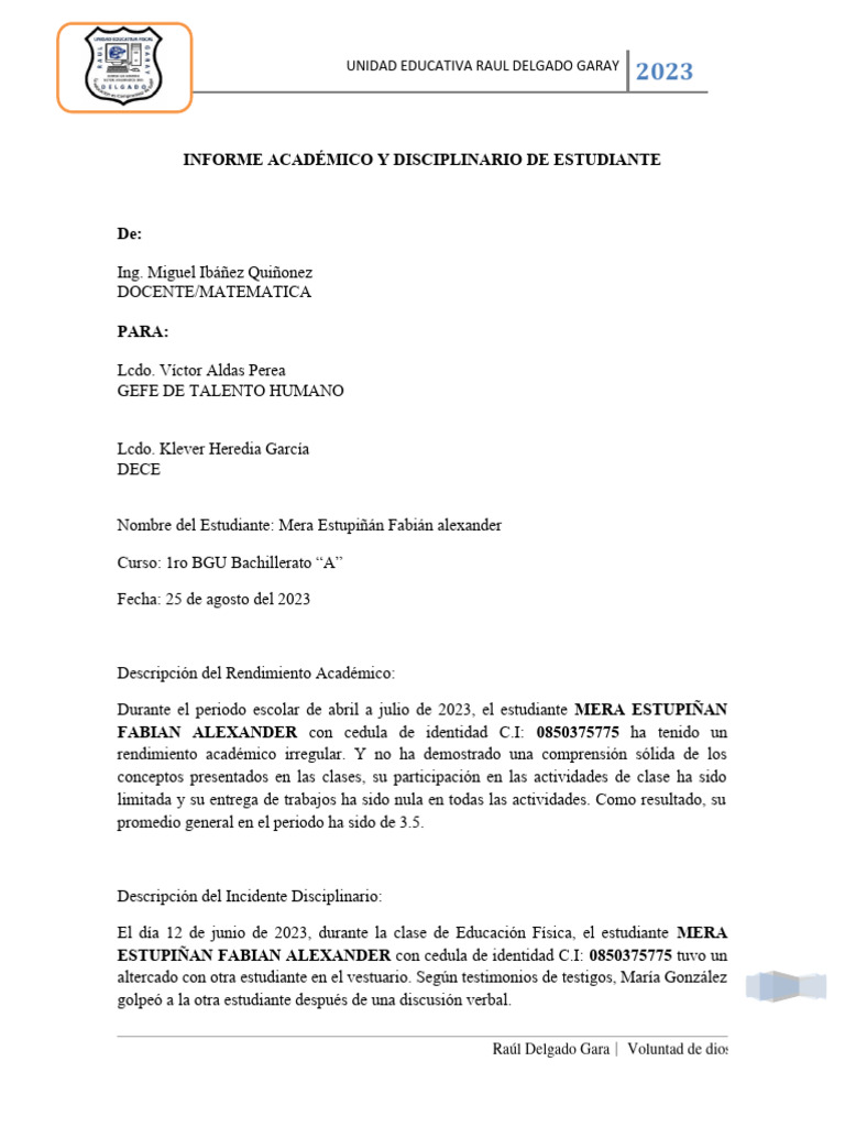 Informe Disciplinario Estudiante 2023 | PDF
