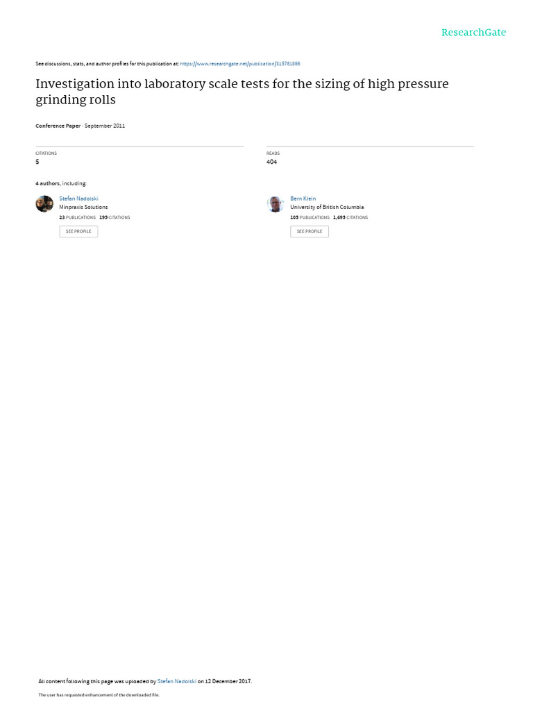 Investigation Into Laboratory Scale Tests For The Sizing of HPGR ...