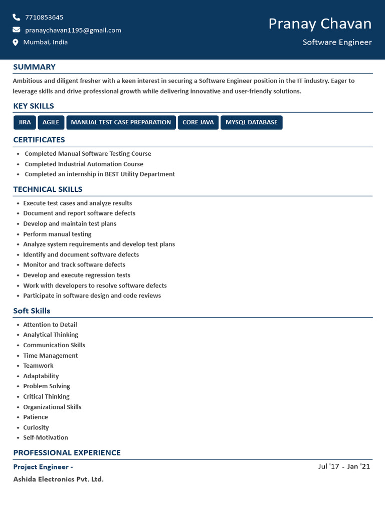 Pranay Chavan Resume | PDF | Databases | Engineering
