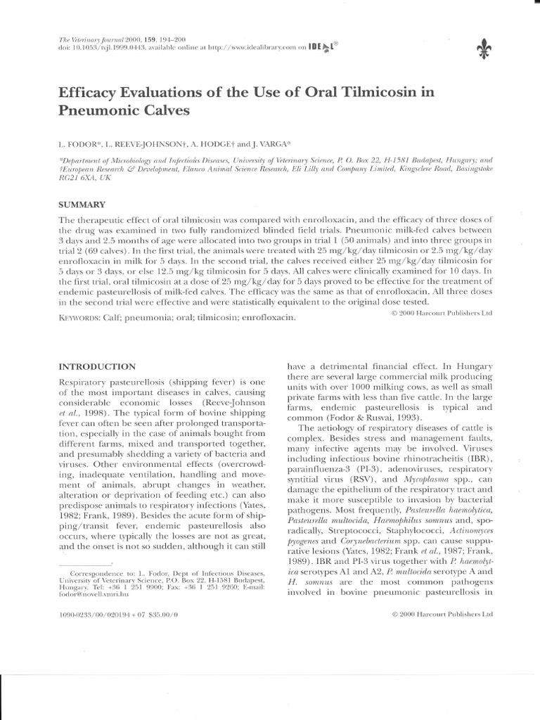 Efficacy Evaluations of The Use of Oral Tilmicosin in Pneumonic Calves ...