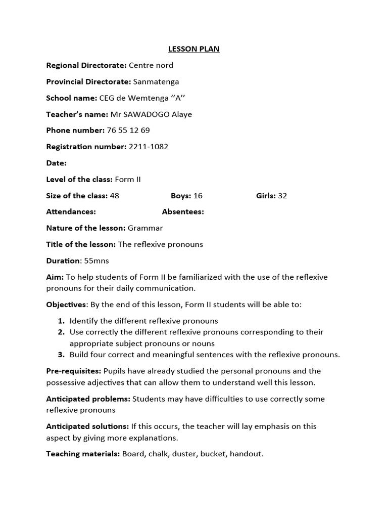 LESSON PLAN The REFLEXIVE PRONOUNS - Visit N2 | PDF | Grammatical ...