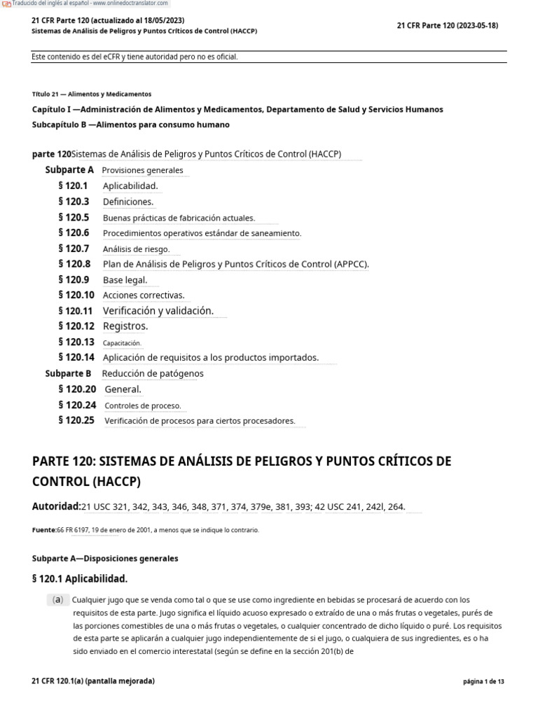 21 CFR Part 120 Sistema Haccp | PDF | Análisis de Riesgo y Puntos Críticos de Control | Alimentos