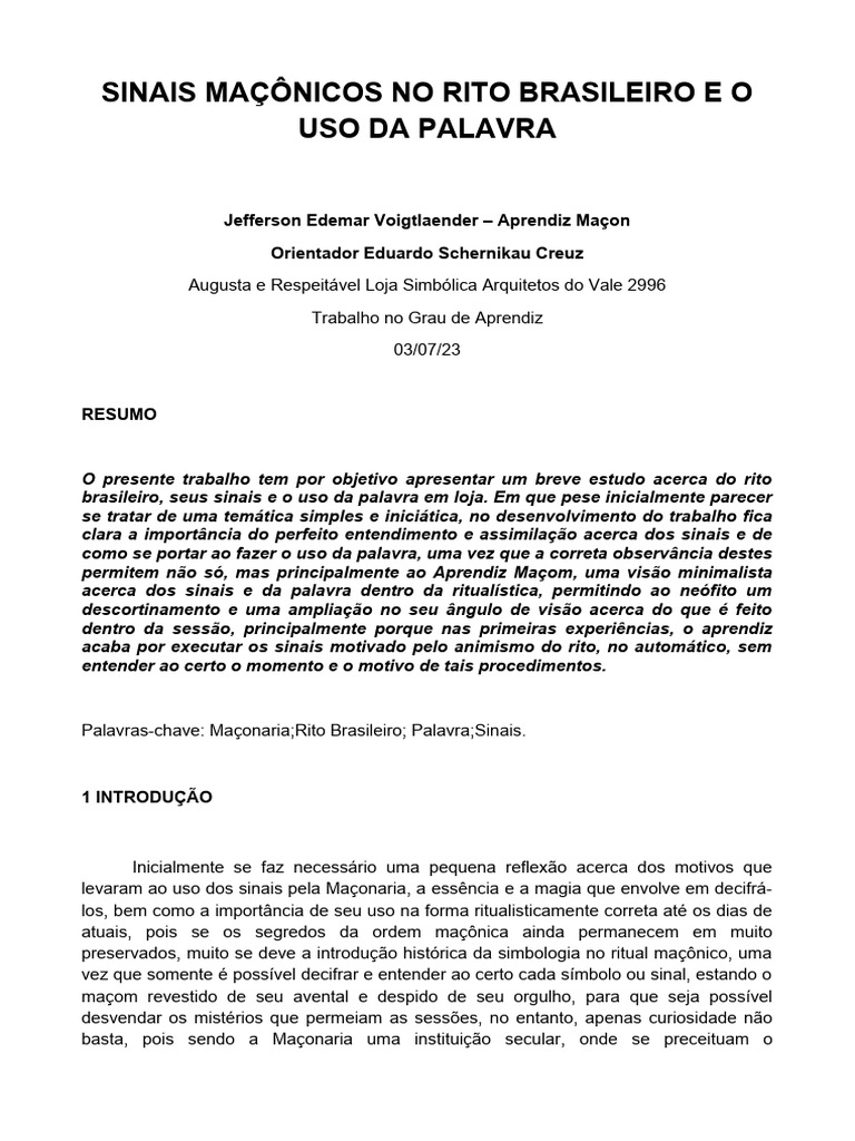 Sinais Maçônicos no Rito Brasileiro | PDF | Loja Maçônica | Maçonaria