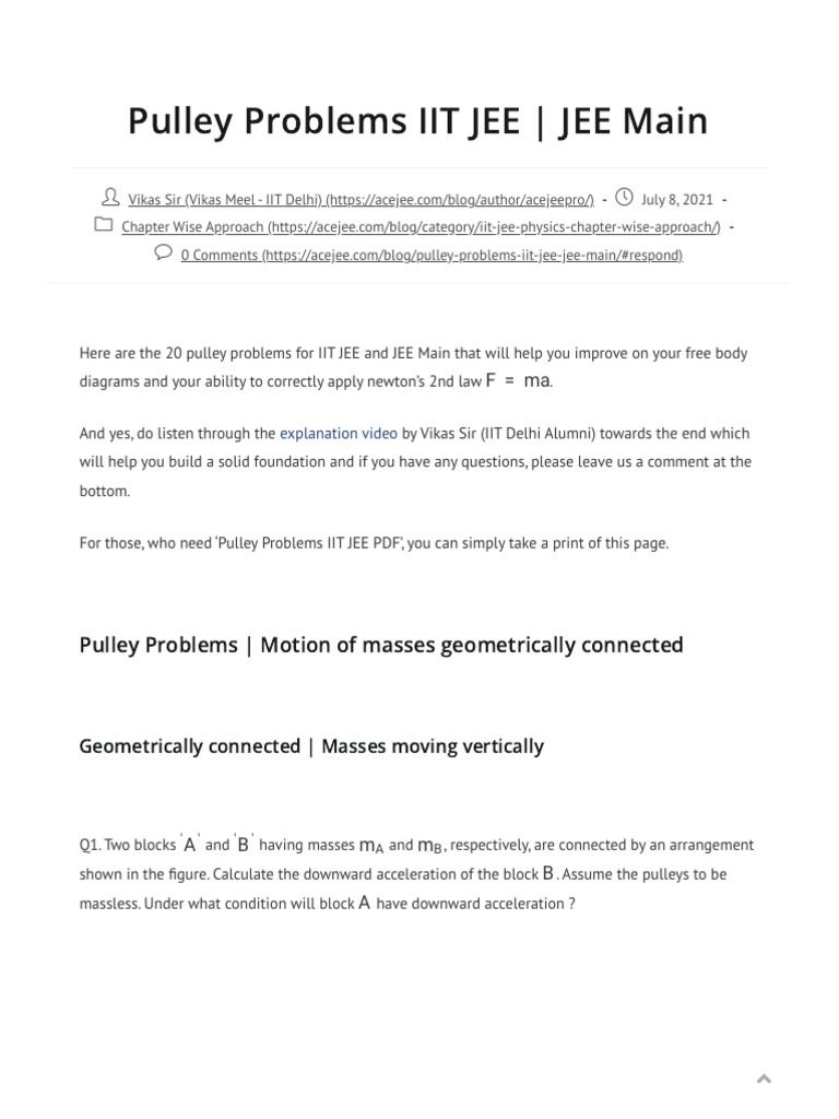 Newton's Laws of Motion - Pulley Problems IIT JEE - JEE Main | PDF ...