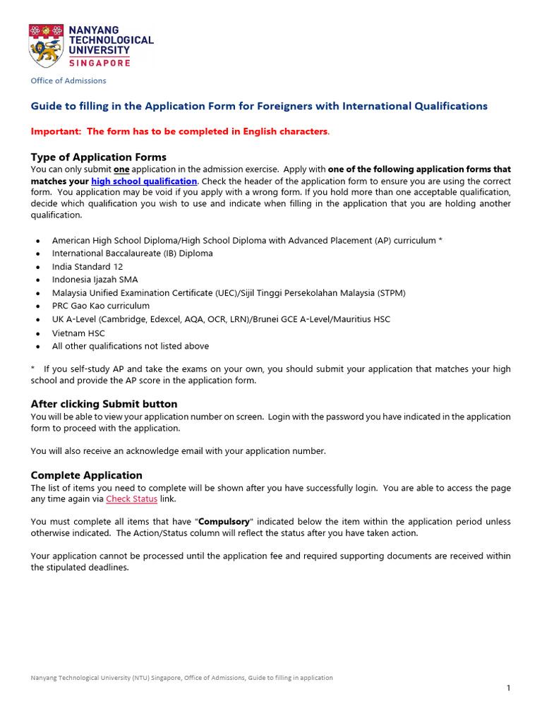 NTU Singapore Application Guide for Foreigners | PDF | High School ...