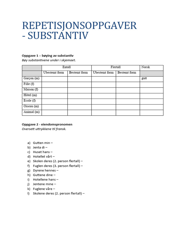 Repetisjonsoppgaver - Substantiv | PDF