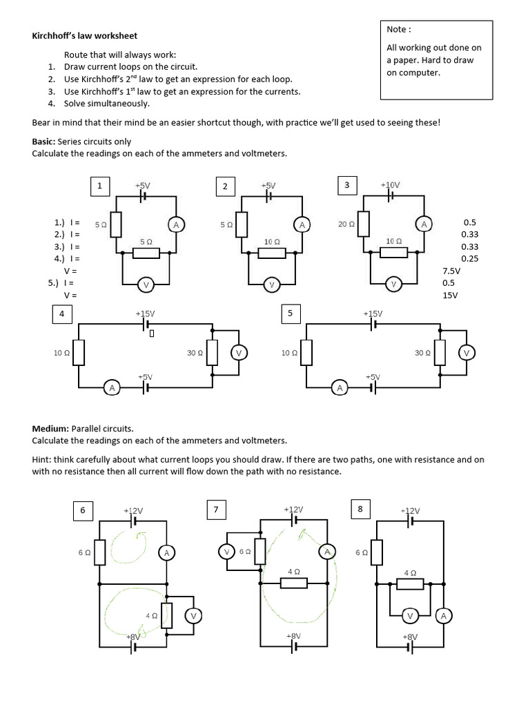 Kirchhoffs Law Worksheet | PDF | Electrical Network | Series And Parallel Circuits