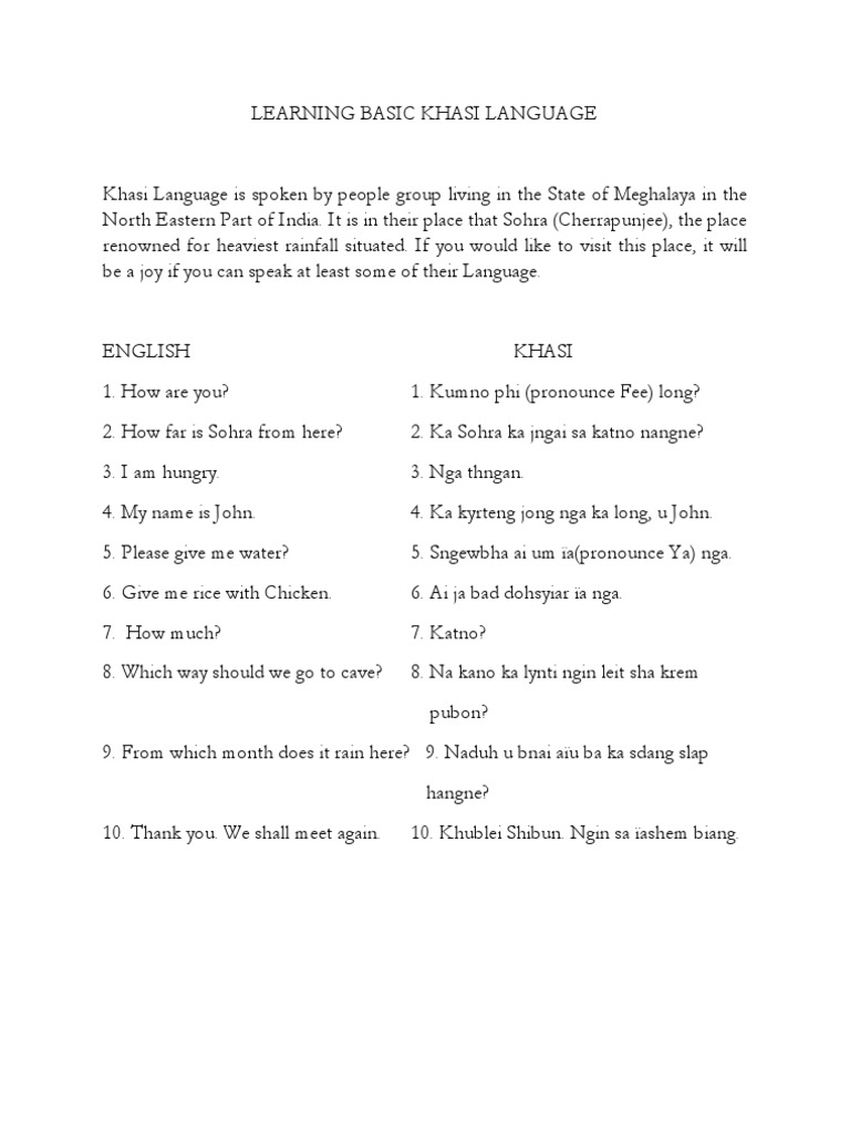 Learning Basic Khasi Language | PDF