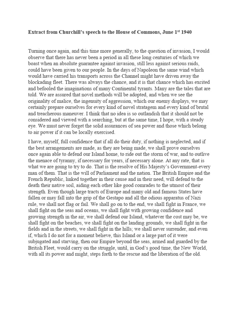 Churchill's 1940 Fight on the Beaches Speech | PDF | Conflicts | Military