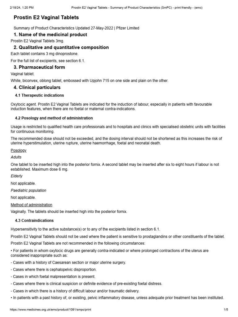 Prostin E2 Vaginal Tablets - Summary of Product Characteristics (SMPC ...