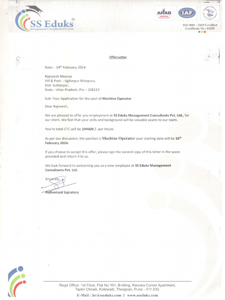 Offer Letter Rajneesh Maurya | PDF
