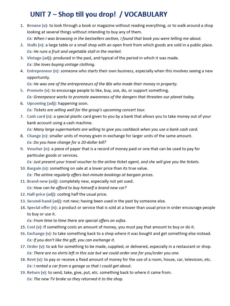 Shopping & Money Vocabulary | PDF