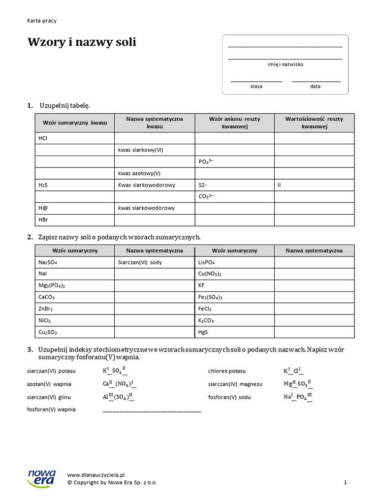Scenariusz Wzory I Nazwy Soli Karta Pracy | PDF