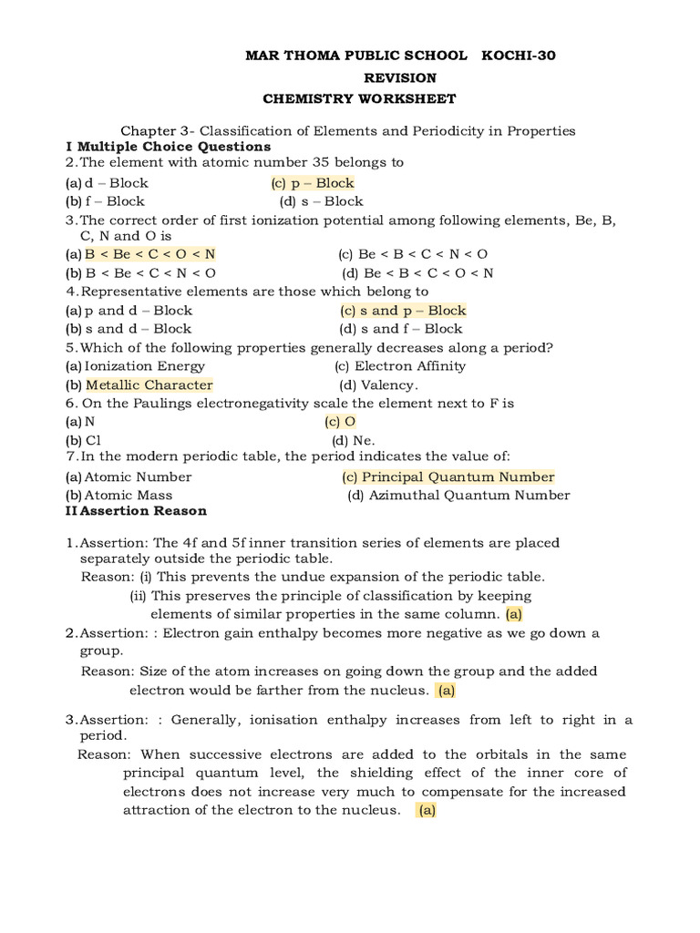 Class 11 Chemistry Chapter 3 Worksheet | PDF | Physical Sciences ...