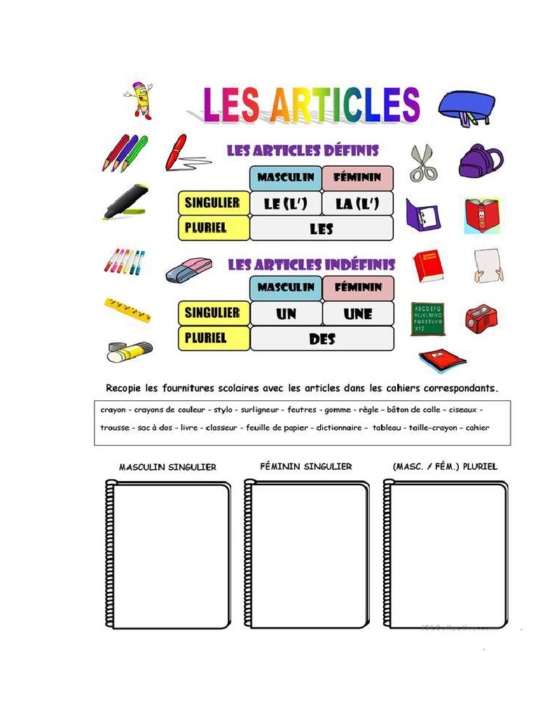 Prim - Fiche 6 - Ejercicios Les Articles Définis Et Indéfinis ...