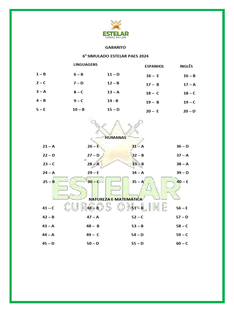 6° Simulado Paes 2024 - Gabarito | PDF