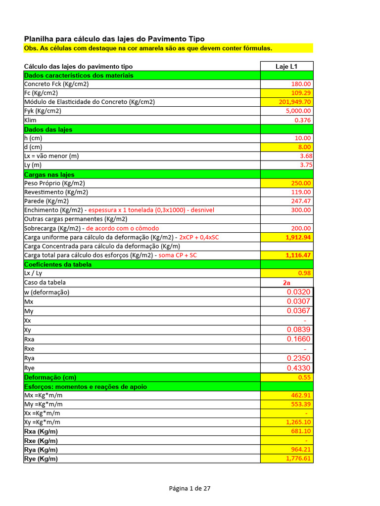 Modelo Da Planilha para Cálculo de Lajes | PDF