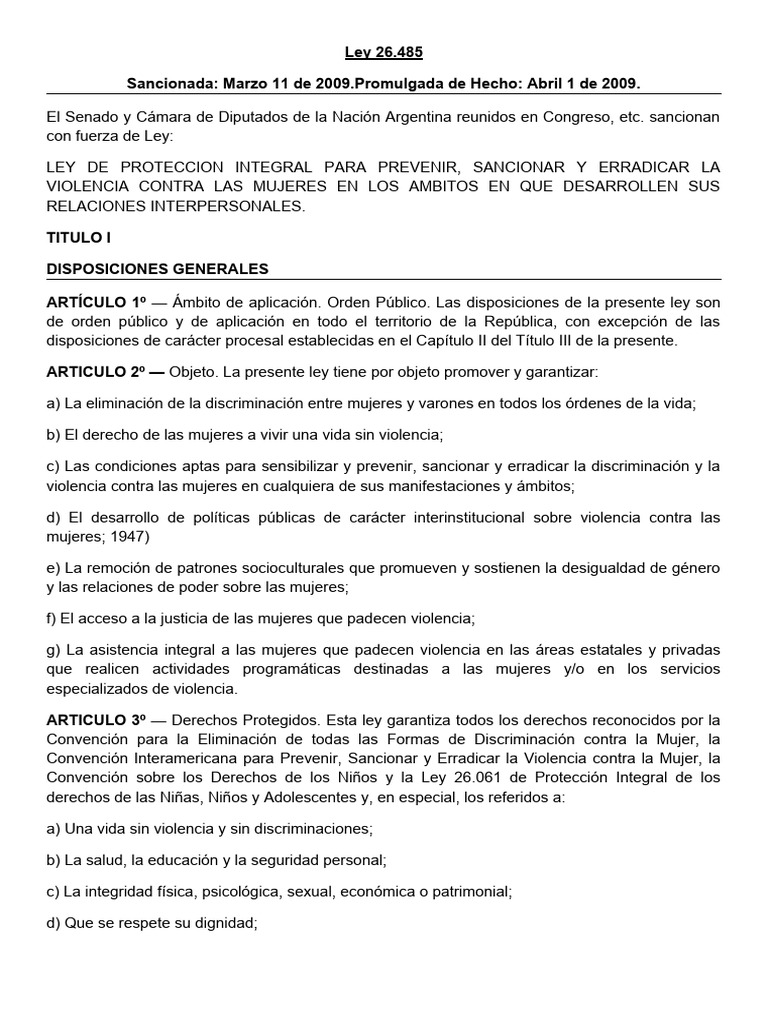 Ley 26485 | PDF | La violencia contra las mujeres | Acoso sexual