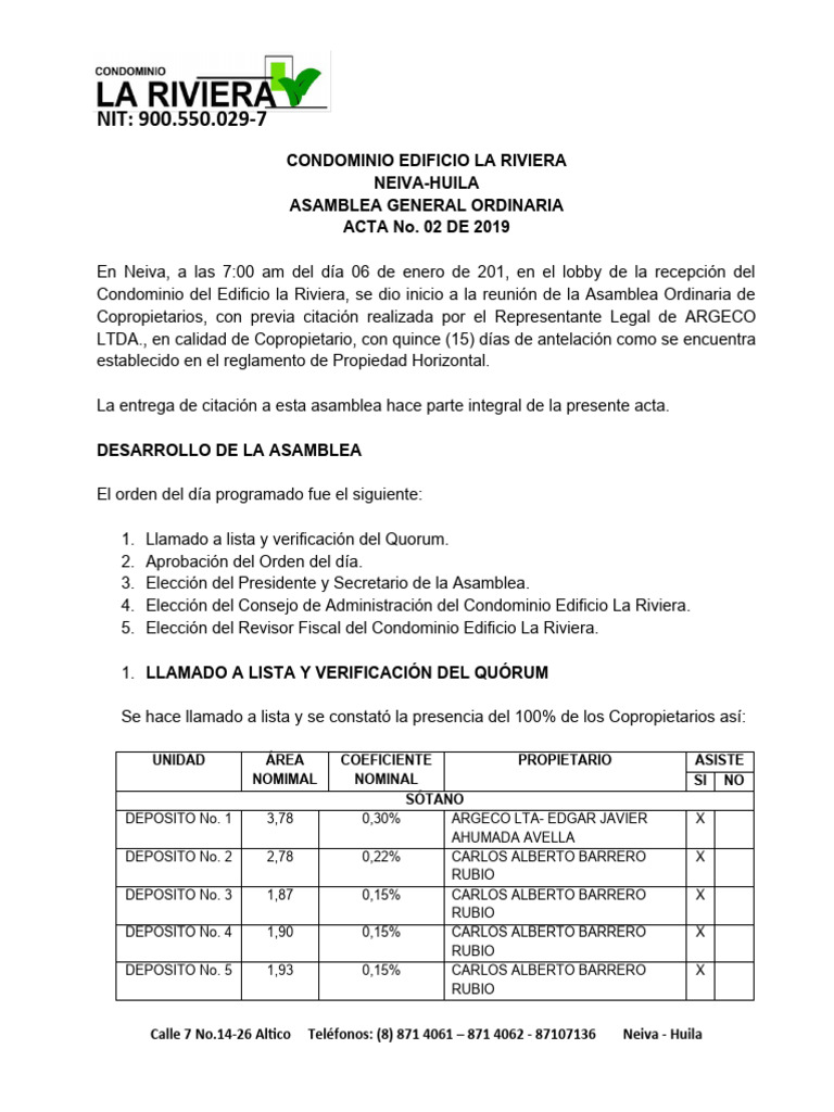 Acta Asamblea Edificio La Riviera Acta Nº2 2019 | PDF | Condominio | Inicio