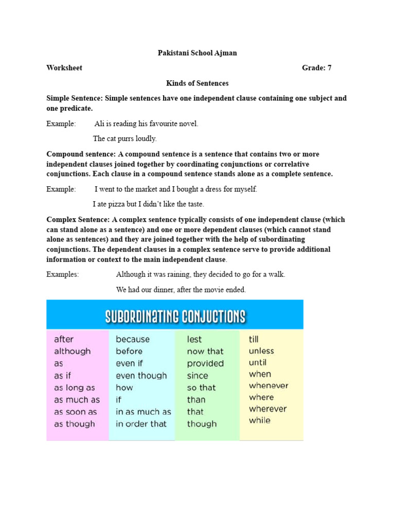 Grade 7 Sentence Types Worksheet | PDF | Sentence (Linguistics) | Semantics