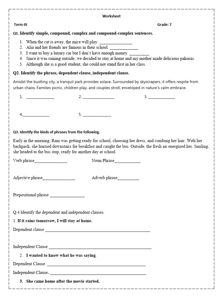 Worksheet Grade 7 | PDF | Adverb | Clause