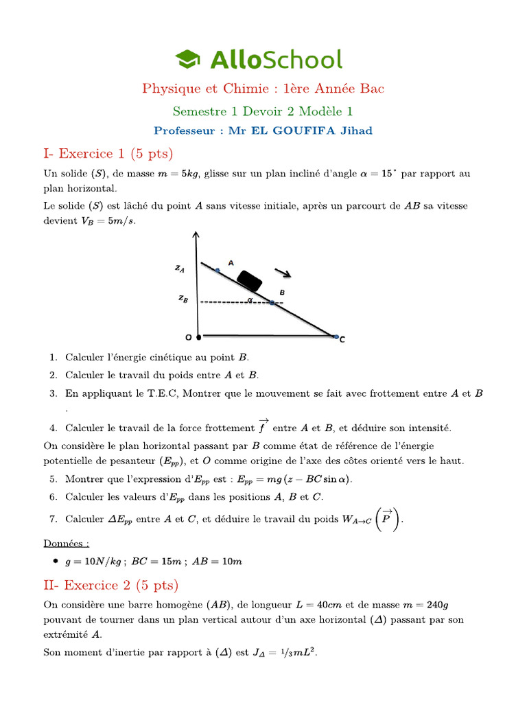 PC 1bac Semestre 1 Devoir 2 Modele 1 | PDF