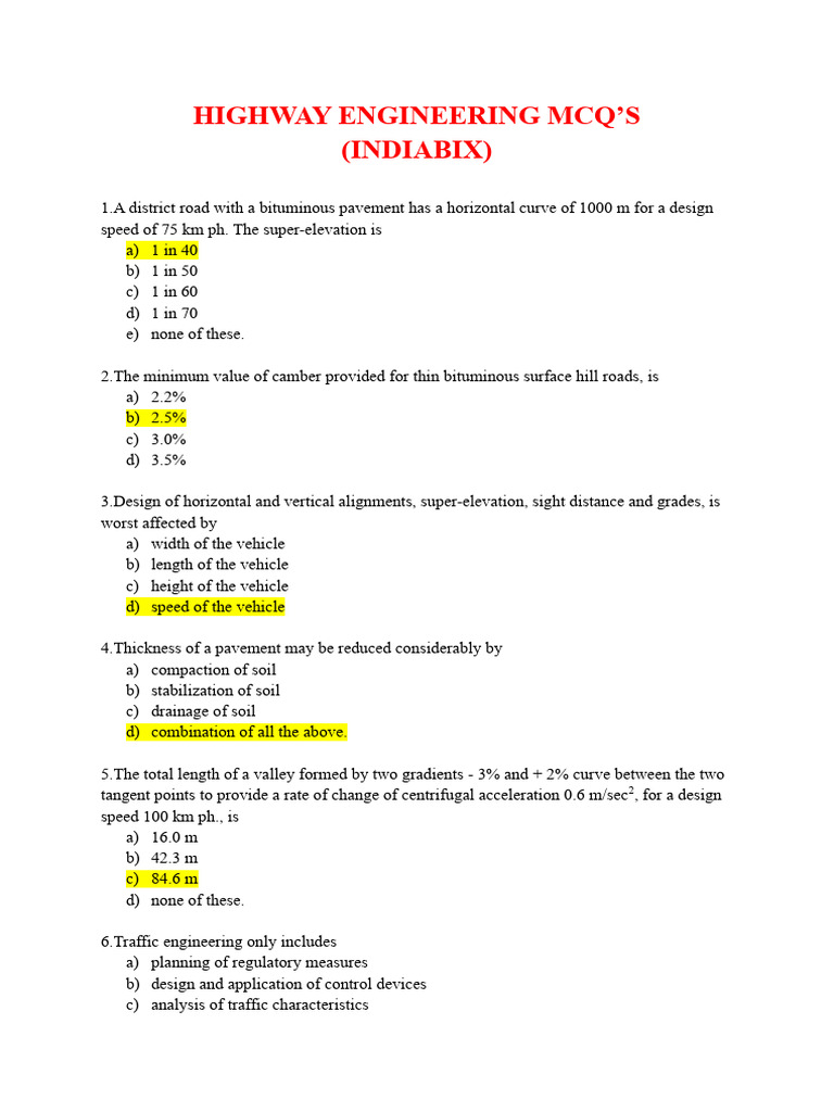 Highway Engineering MCQ | PDF | Road | Lane