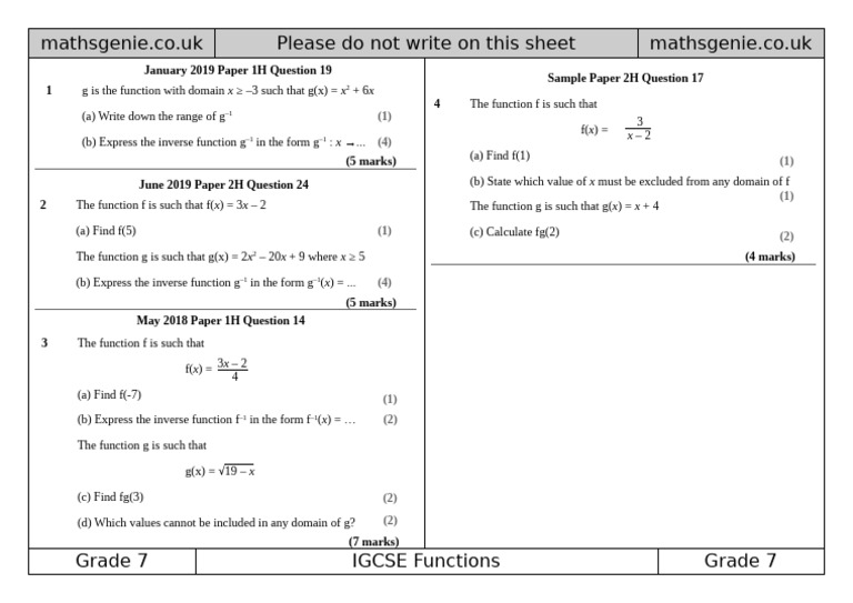 7 Igcse Functions Ws Pdf Function Mathematics Mathematical Analysis