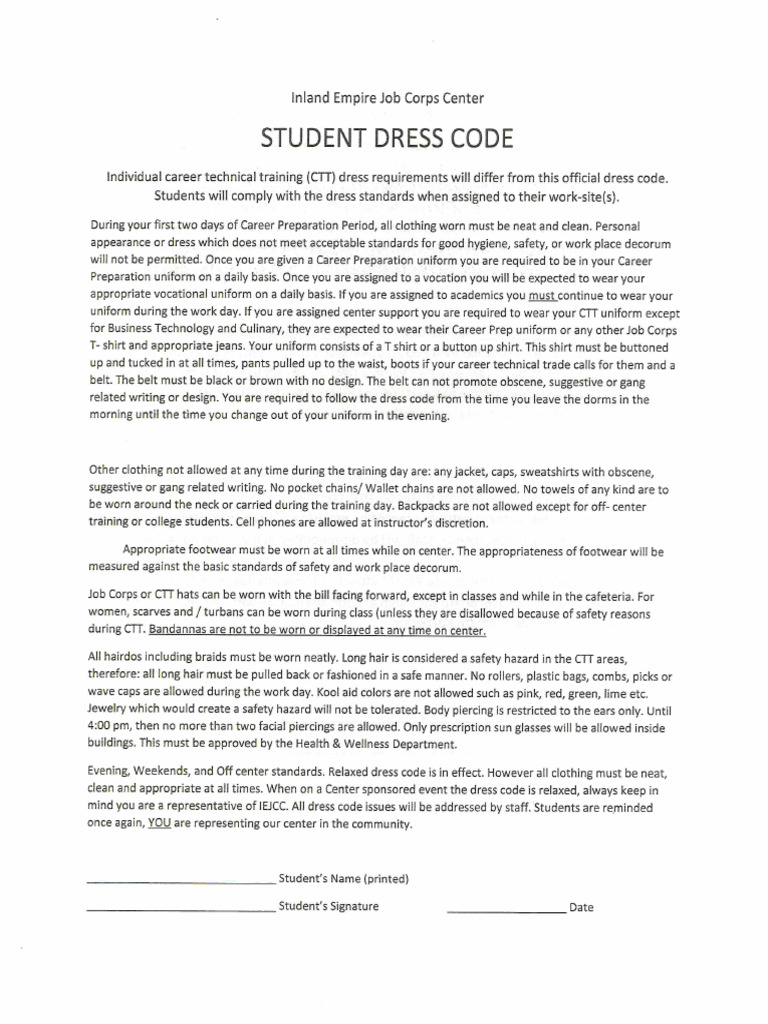 15 - Onesided Student Dress Code and IEJC Student Attendance Agreement ...