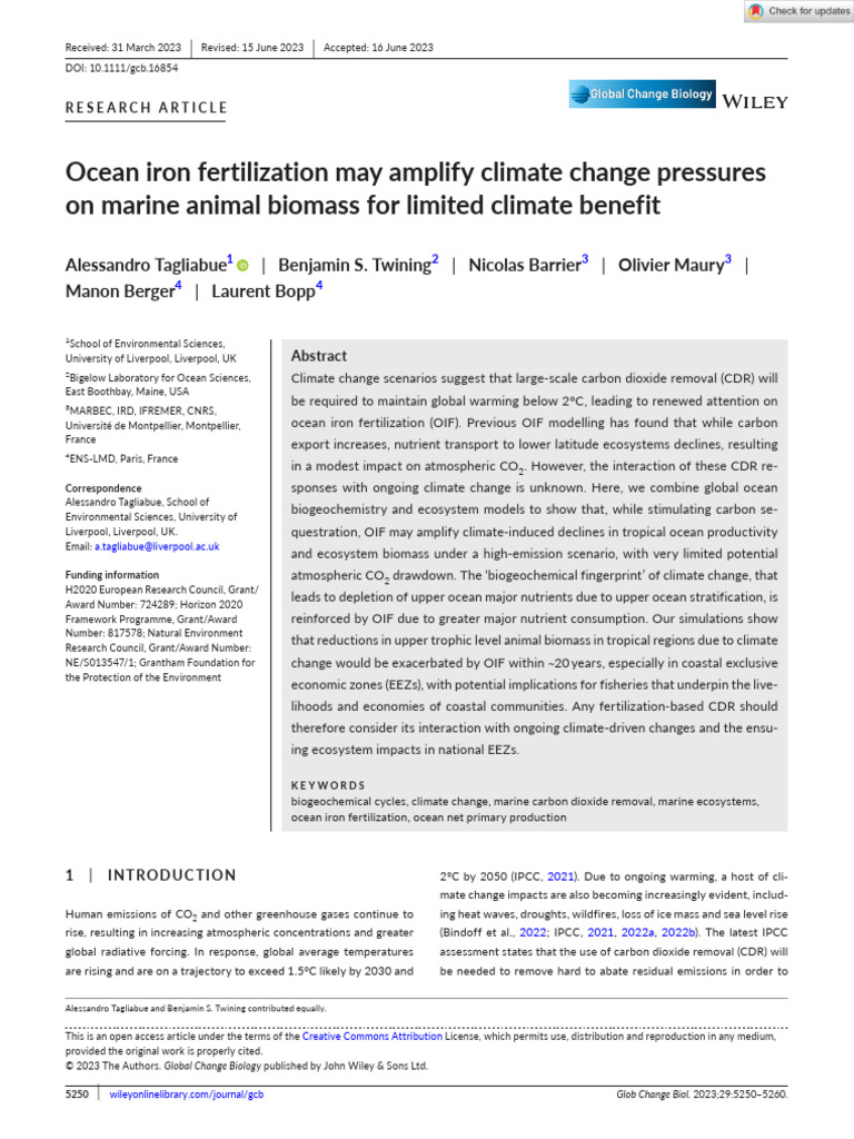 Global Change Biology - 2023 - Tagliabue - Ocean Iron Fertilization May ...