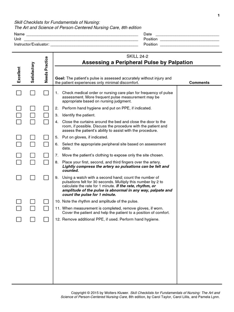 Skill - 24-2 Assessing A Peripheral Pulse by Palpation | PDF | Pulse ...
