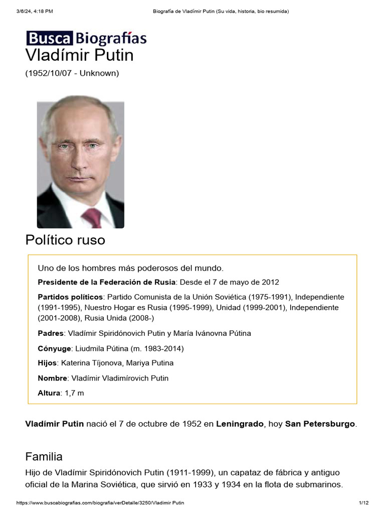 Biografía de Vladímir Putin | PDF | Política mundial | Vladimir Putin