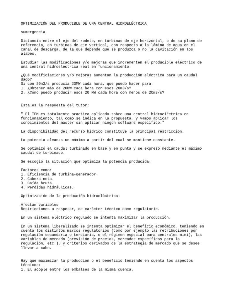 Optimización Del Producible de Una | PDF | Hidroelectricidad | Turbina