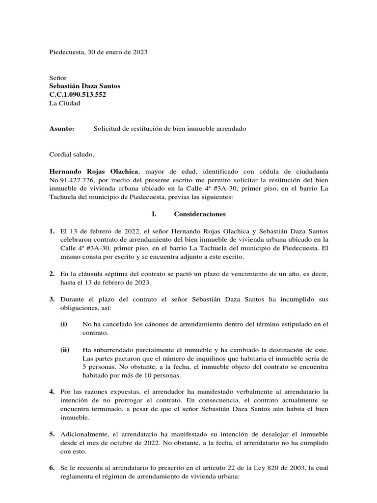 Solicitud de Restitución de Bien Inmueble Arrendado | PDF