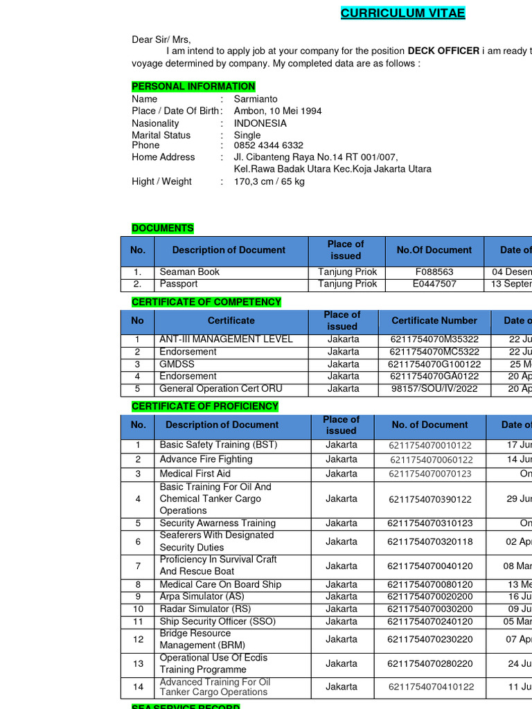 Deck Officer CV and Qualifications | PDF | Shipping | Water Transport