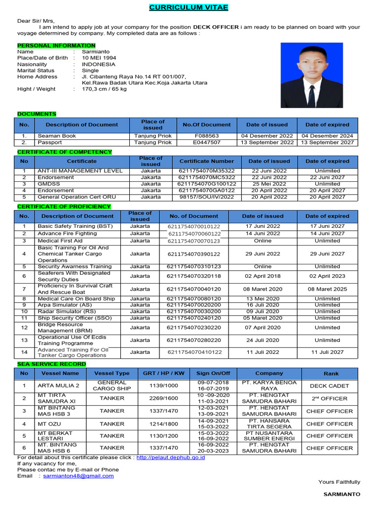 Seaman CV for Deck Officer Position | PDF | Ships | Water Transport