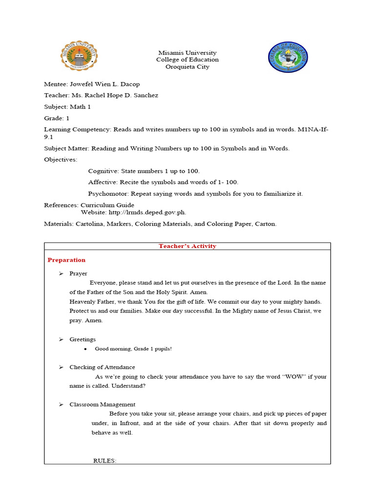 TMDI-A-LESSON-PLAN Math 1 | PDF | Prayer | Teachers