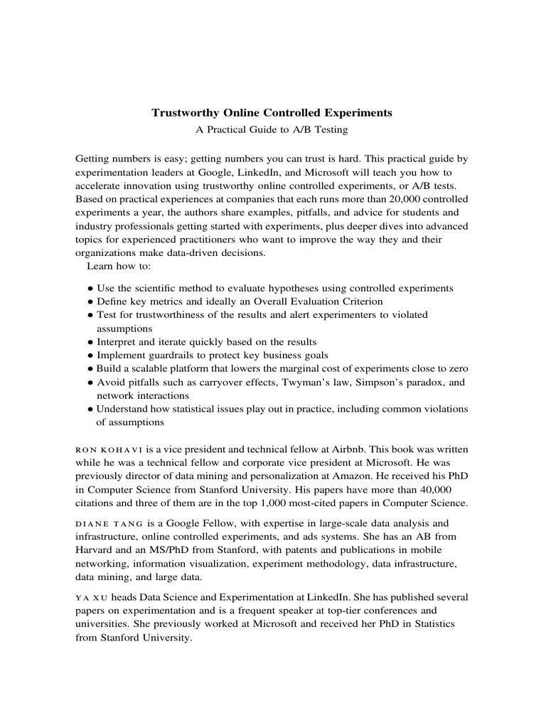 Kohavi, Diane Tang, Xu - Trustworthy Online Controlled Experiments - A Practical Guide To AB ...