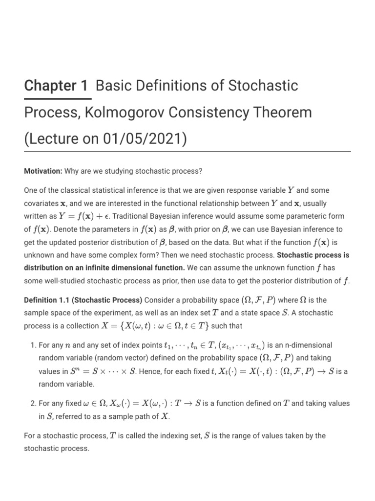 Chapter 1 Basic Definitions of Stochastic Process, Kolmogorov Consistency Theorem (Lecture On 01 ...