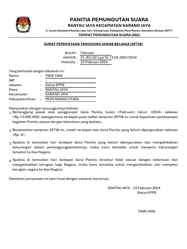 Contoh SPTJB KPPS | PDF