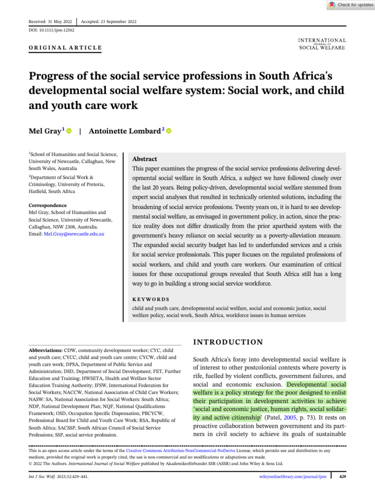 PR 2022 - Gray - Progress of the social service professions in South Africa s developmental ...