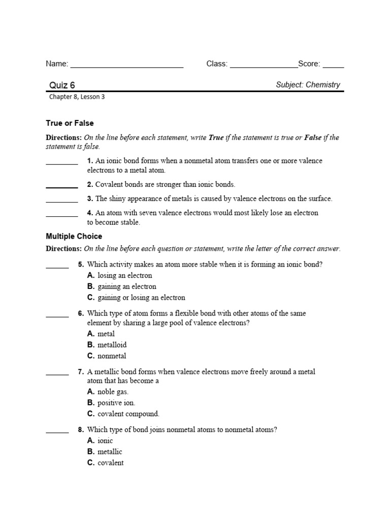 Ionic and Metallic Bonds Quiz | PDF | Chemical Bond | Ionic Bonding