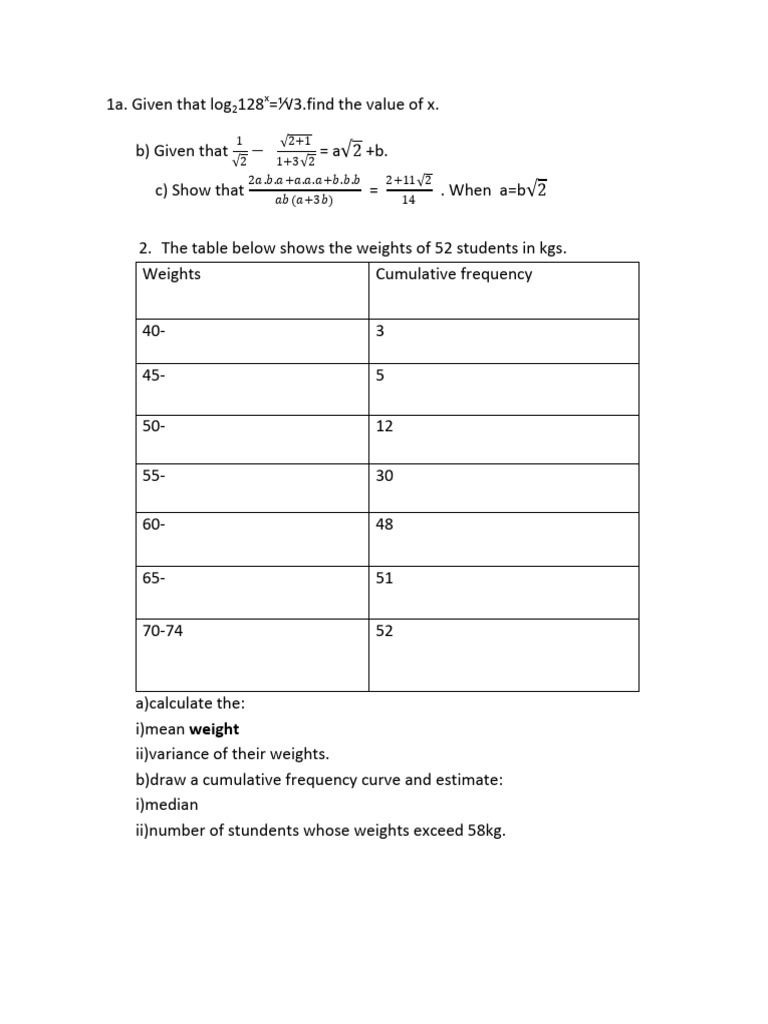 Sub-Math Holiday Work S.5 | PDF