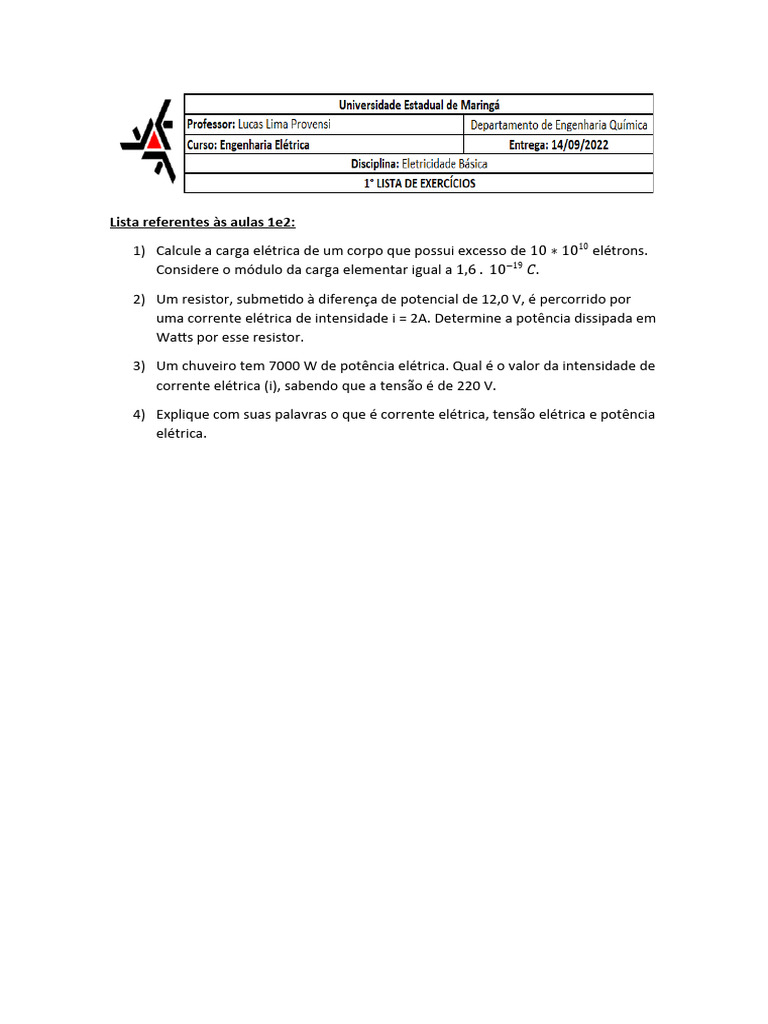 Lista t2 | PDF | Métodos e Materiais de Ensino | Ciências e Matemática