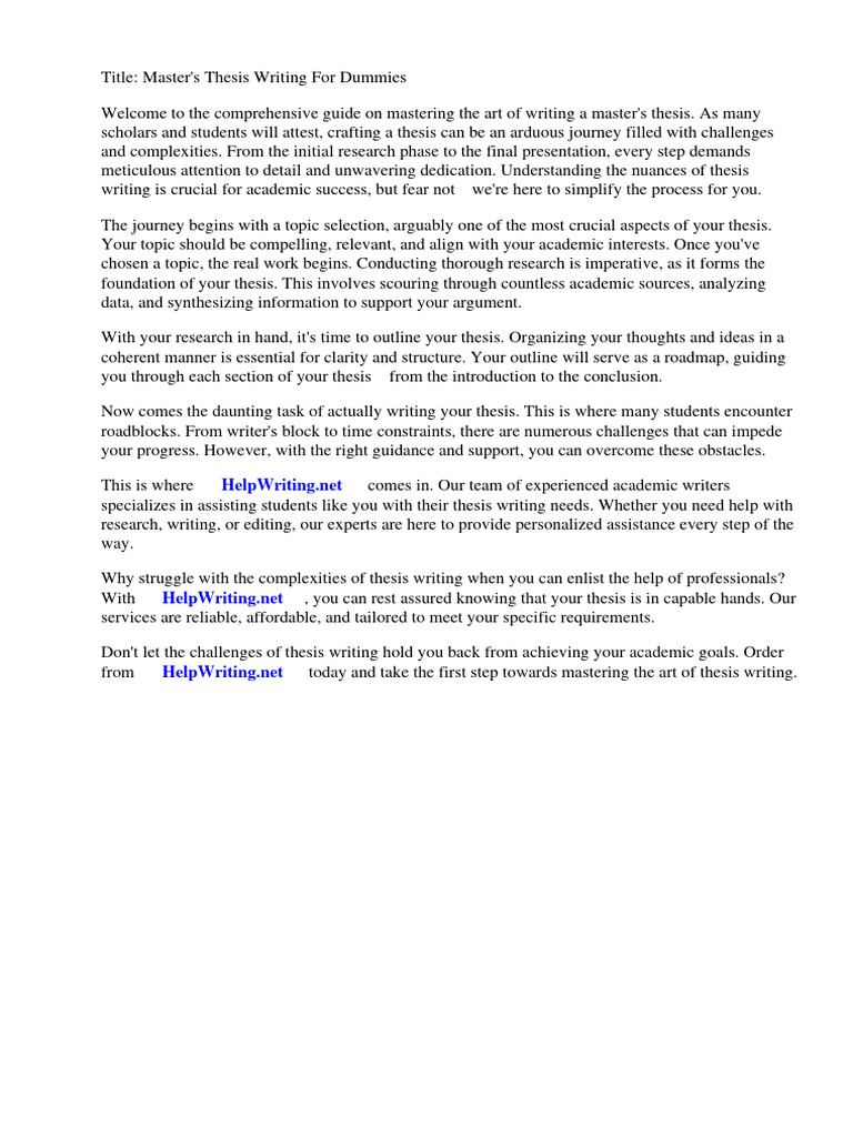 Masters Thesis Writing For Dummies | PDF